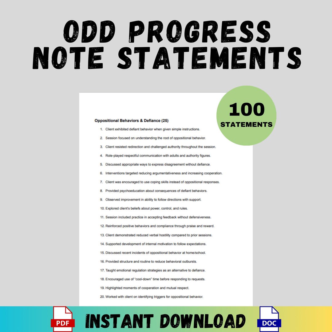 ODD Progress Note Statements PDF Oppositional Defiant Disorder Therapy ...
