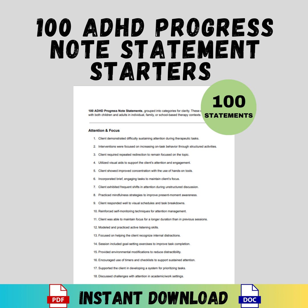 100 ADHD Progress Note Statements Therapy Notes Mental Health ...
