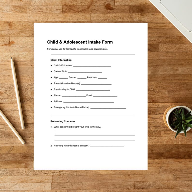 Child Adolescent Intake Form Therapist Tool Counseling Forms Pediatric ...