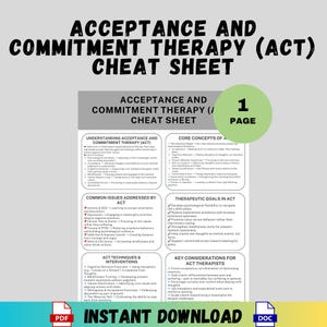 Acceptance and Commitment Therapy ACT Cheat Sheet Printable Counseling ...