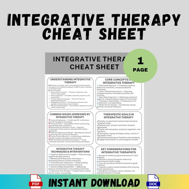 Integrative Therapy Cheat Sheet Printable Counseling Guide Therapy ...