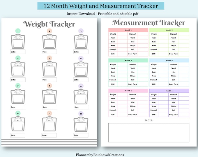 Weight Loss Tracker, Printable, Digital, Editable PDF, 12 Month Weight ...