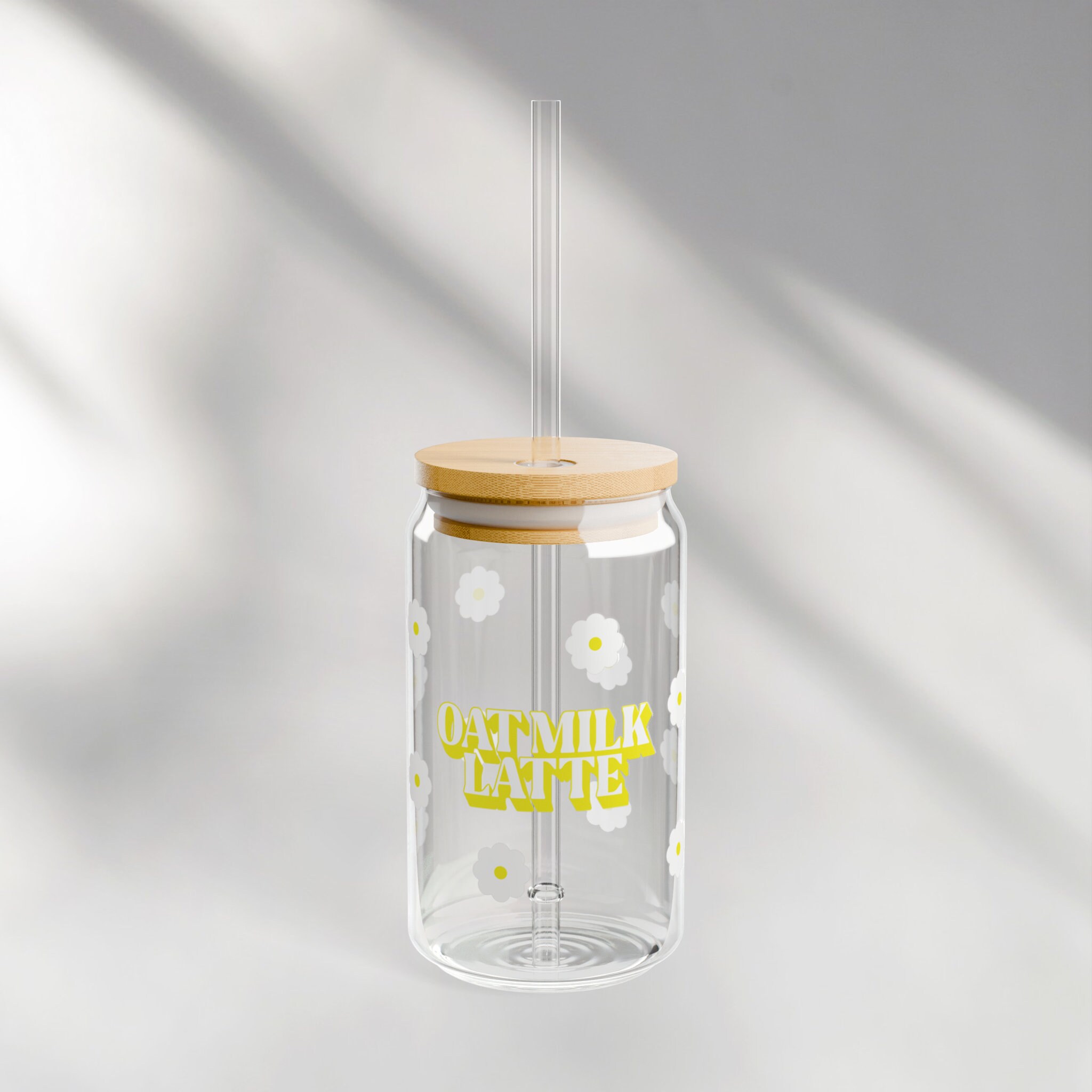 Ditzy Daisy Oat Milk Latte Glass Tumbler White & Yellow Sipper Glass ...