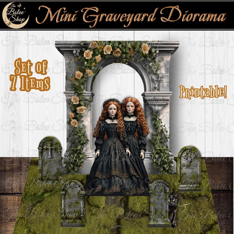 Victorian Twins in the Graveyard Diorama, Miniature Halloween Decor ...