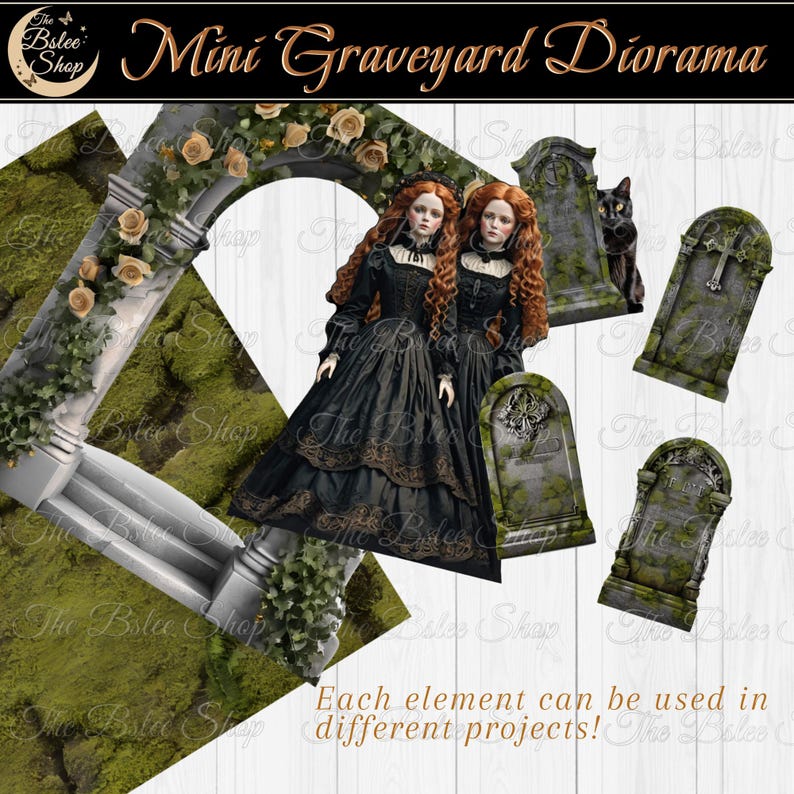 Victorian Twins in the Graveyard Diorama, Miniature Halloween Decor ...