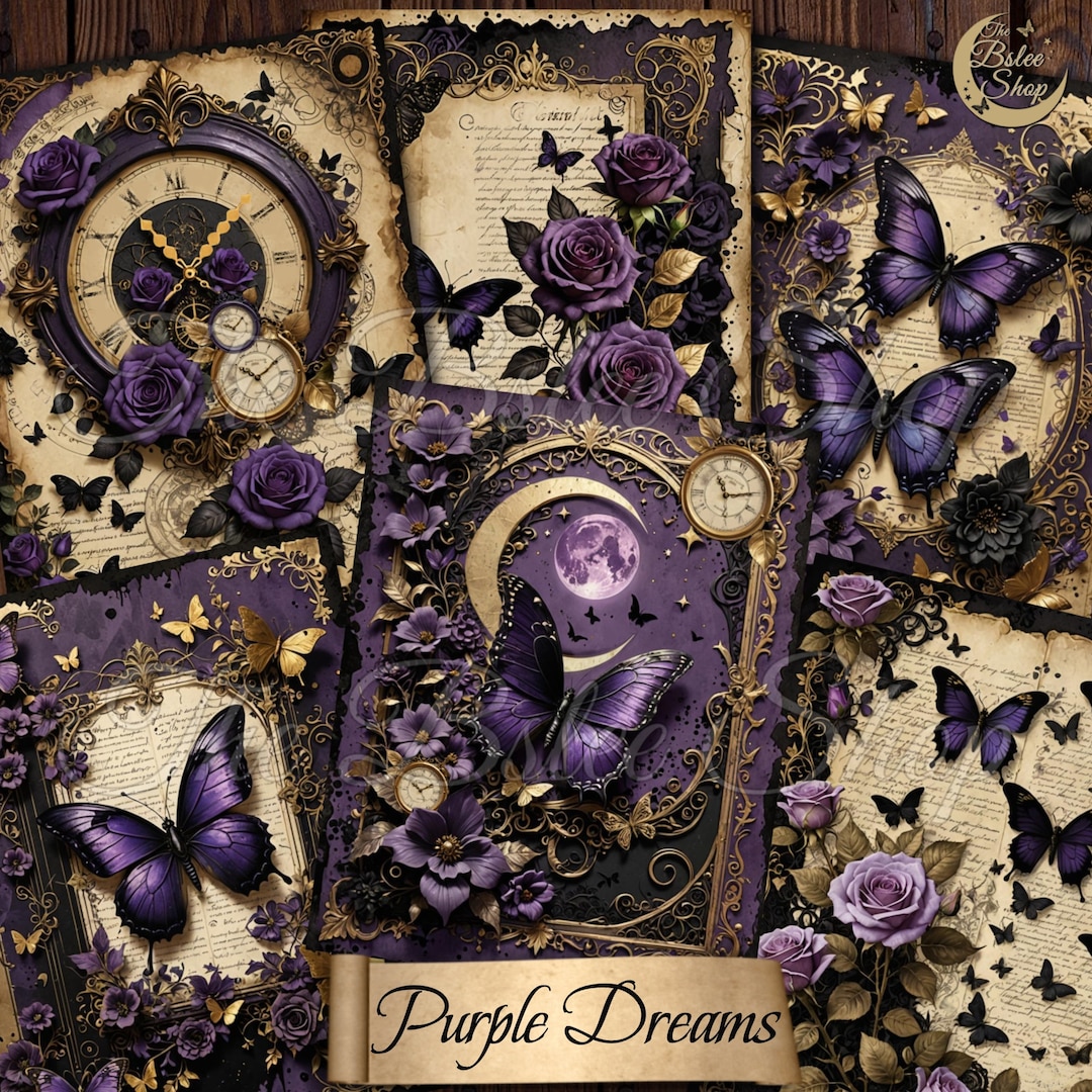 Purple Butterfly Scrapbooking Paper, Floral Junk Journal Pages, Vintage ...