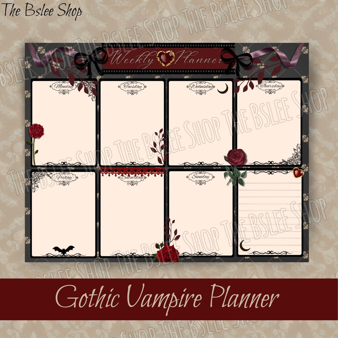 Weekly Vampire Planner, Gothic Planner, Red Rose Planner, Gilded Paper ...