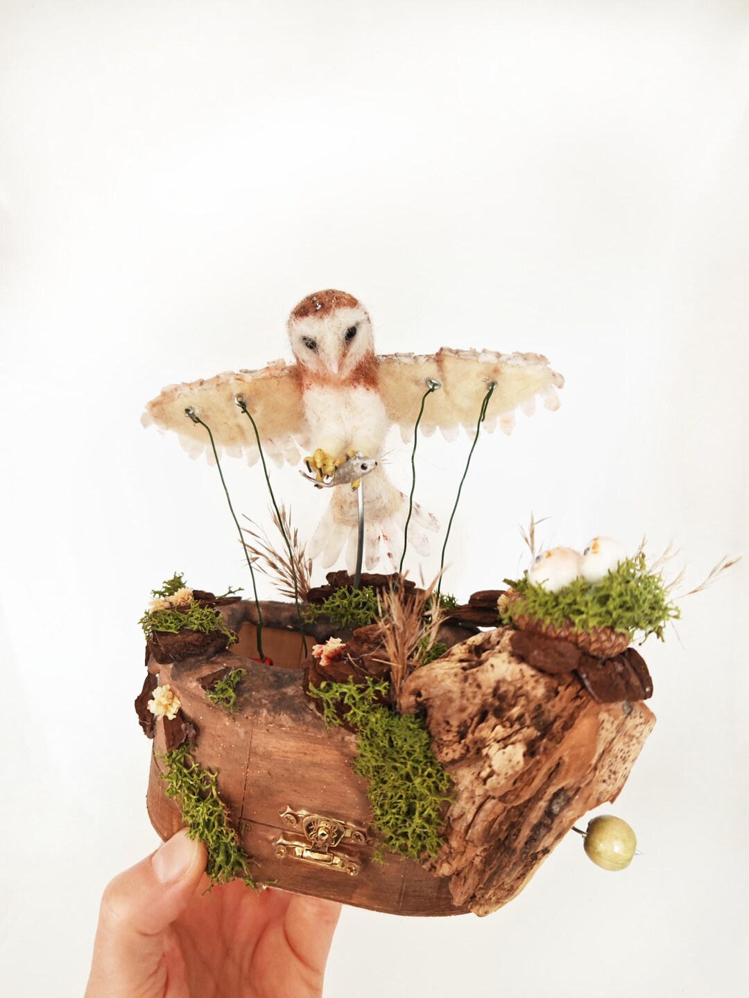 Needle Felted Barn Owl Automata and Hungry Chicks, Mechanical Automaton ...