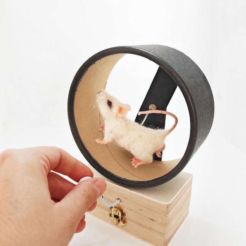 Needle-felted Mouse in Running Wheel Automata, Mechanical Automaton ...