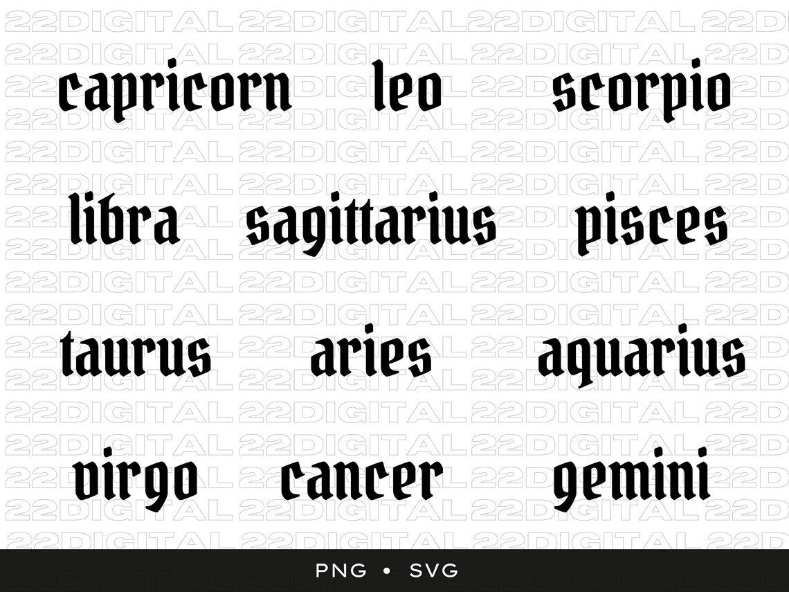 Gothic Font Zodiac Sign Names Svg Bundle Constellation Svg Zodiac Svg ...