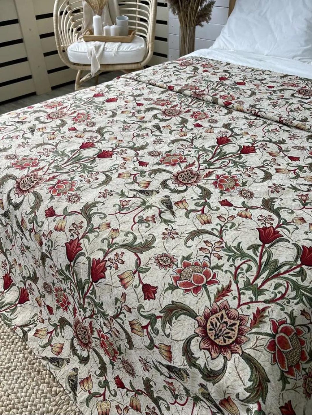 Tapestry Bedspread W. Morris Style "medieval Flowers" Beige 95*95 (240 ...