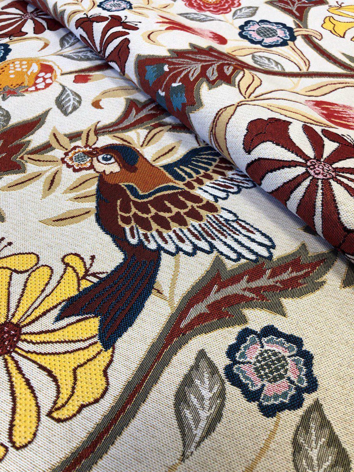 William Morris Style Tapestry Fabric: Birds and Fruits Jacquard Woven ...