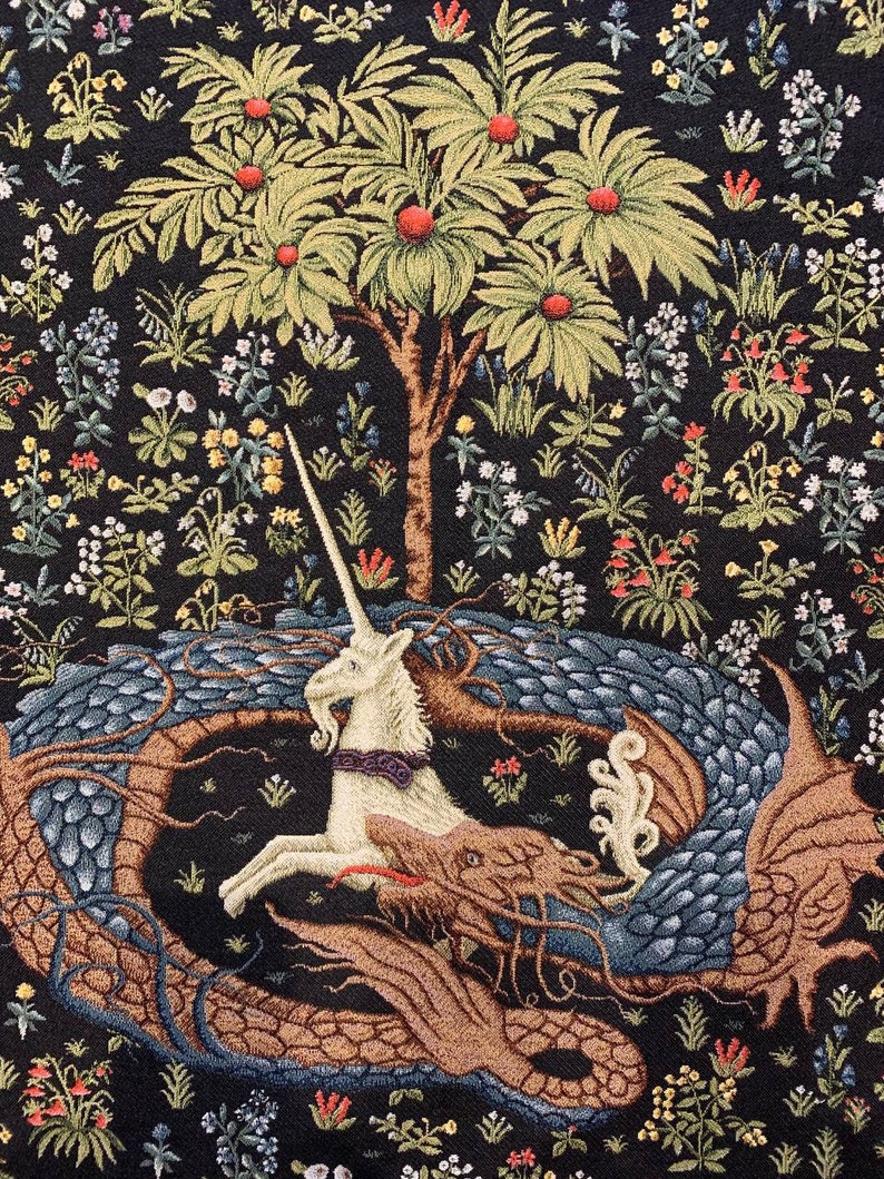 Medieval Unicorn and Ouroboros Tapestry for Framing: Jacquard Woven ...