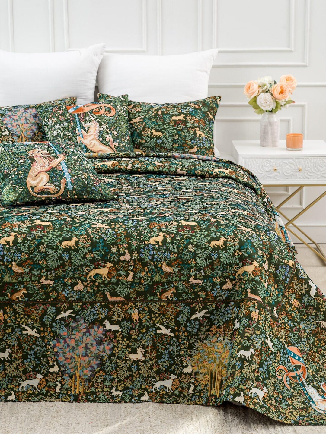 Medieval Style Tapestry Bedspread & Pillowcases "unicorn and Leo" 92*95 ...