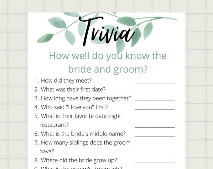 Bride and Groom Trivia Game Bachelorette Party Game Bridal Shower Game ...