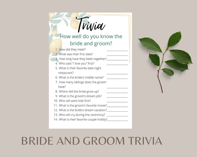 Bride and Groom Trivia, Printable Game Download, Bridal Shower Game ...