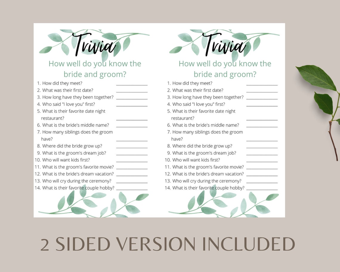 Bride and Groom Trivia Game Bachelorette Party Game Bridal Shower Game ...