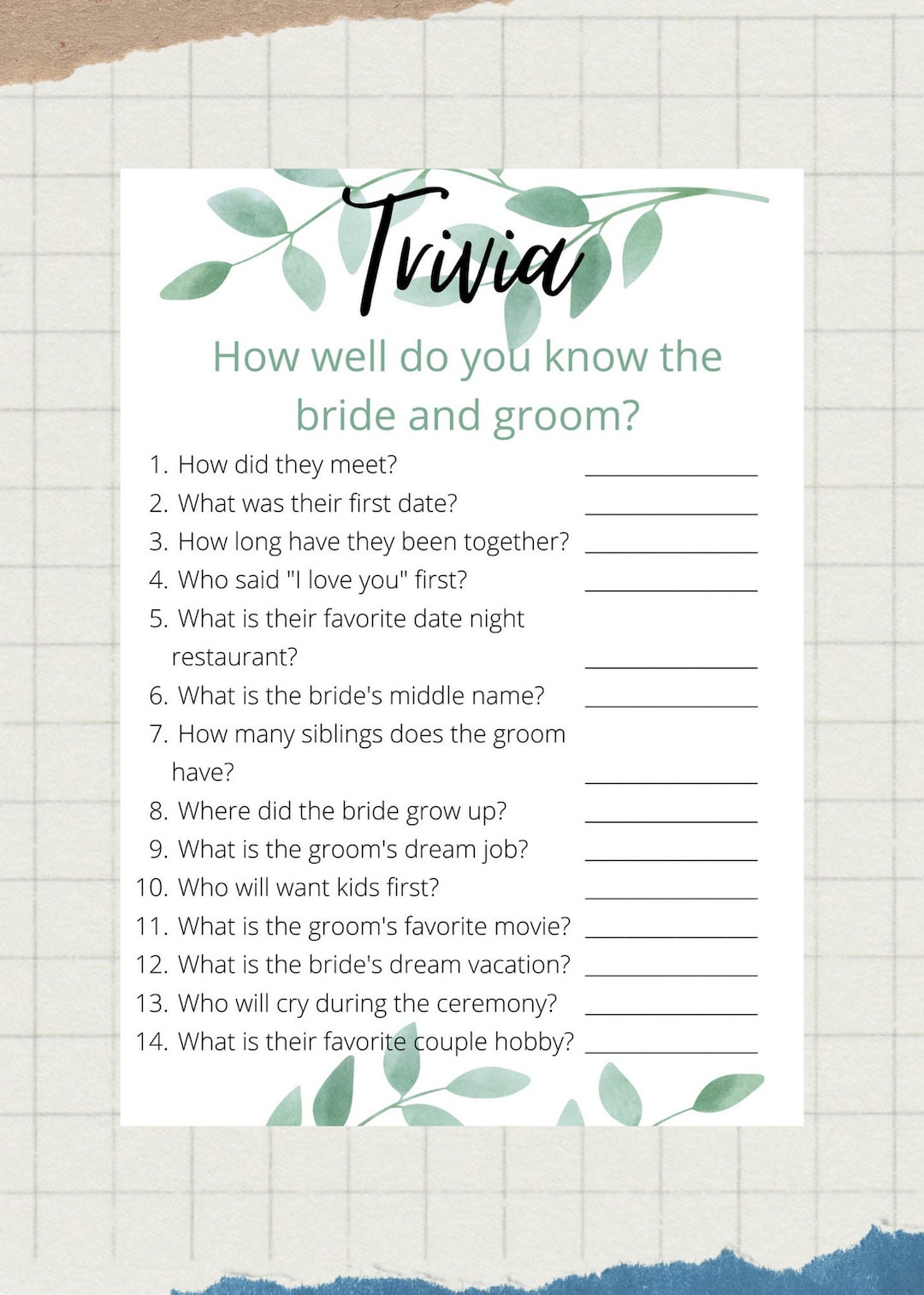 Bride and Groom Trivia Game Bachelorette Party Game Bridal Shower Game ...