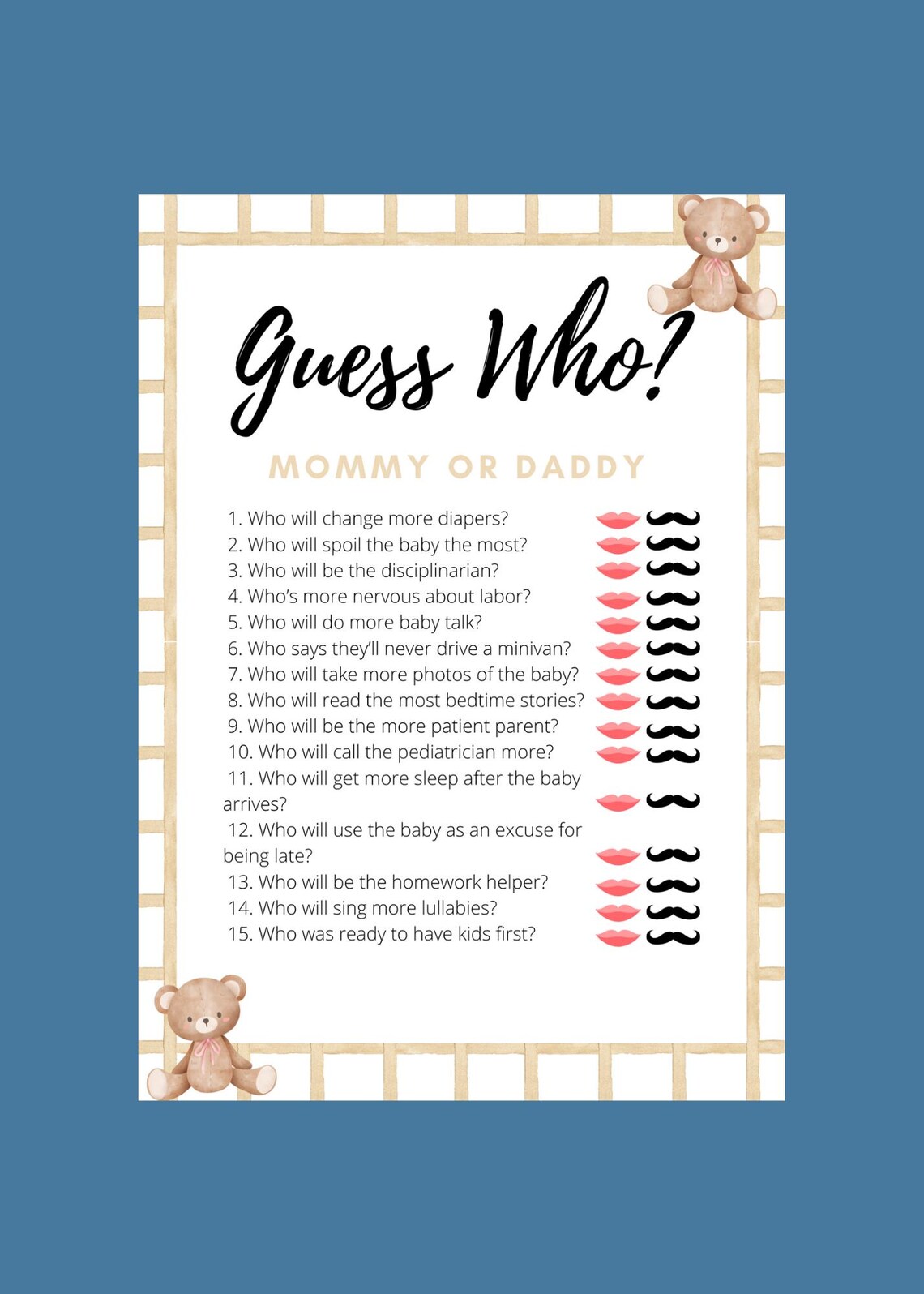 Teddy Bear Baby Shower Game, Mommy or Daddy Guess Who, Baby Shower ...