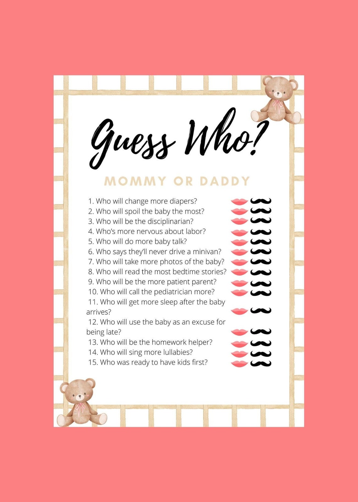 Teddy Bear Baby Shower Game, Mommy or Daddy Guess Who, Baby Shower ...