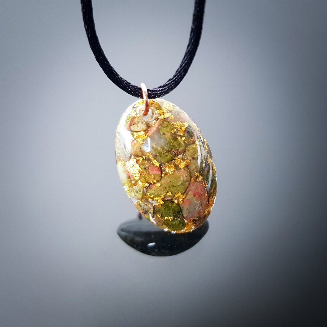 Unakite Pendant, Raw Unakite Necklace With 24k Gold Leaf, Oval Jewelry ...