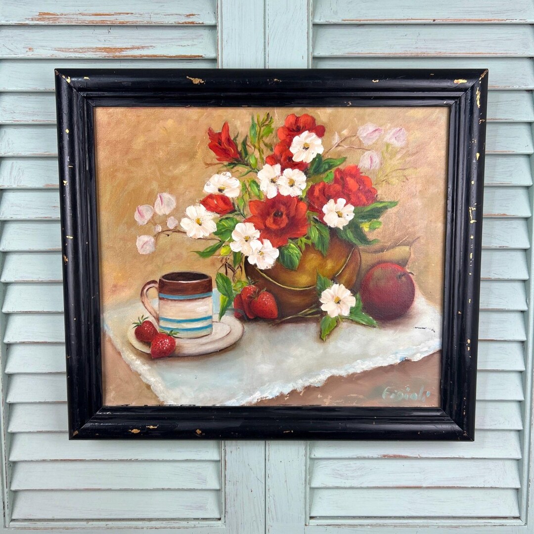 Vintage Dolores Figioli Oil Painting: Red Roses & Strawberries Still ...