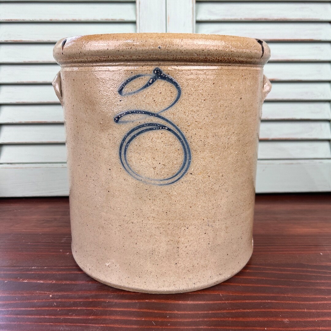 Antique Primitive Three Gallon Crock. Blue Bee Sting Stamped Vintage ...