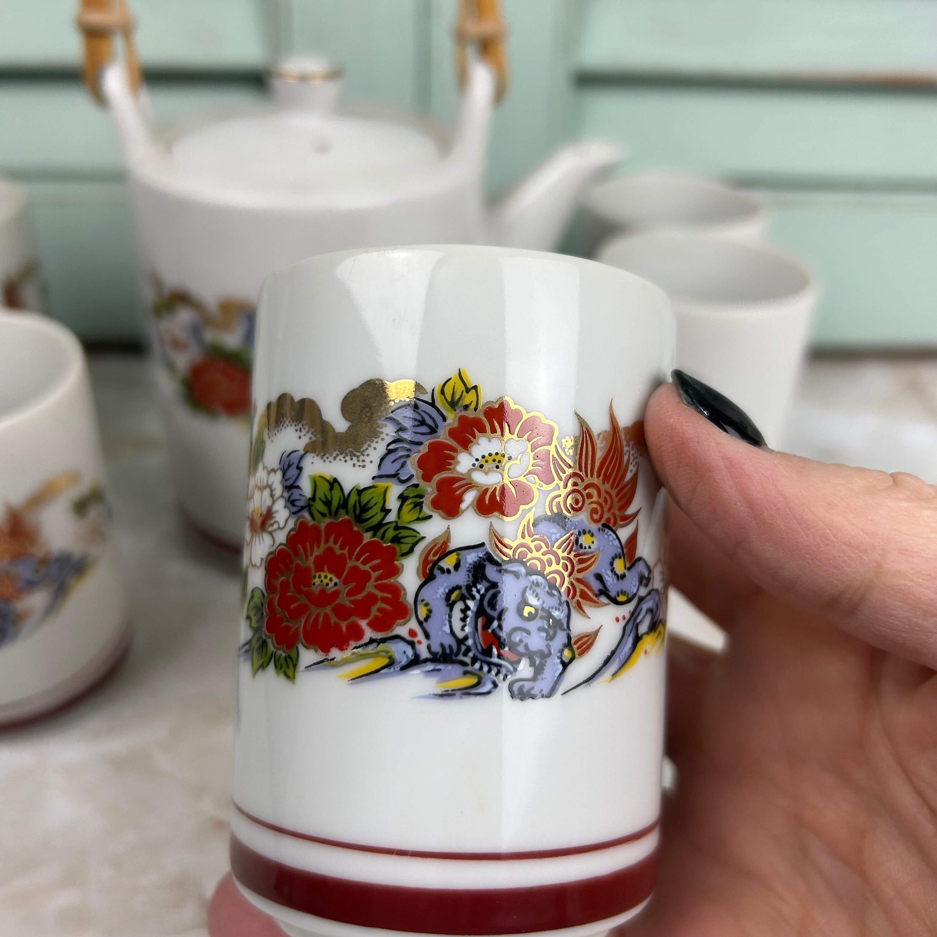 Vintage Japanese Tea Set 6 Cups Teapot Sake Set Bamboo Handle. Foo Dog ...
