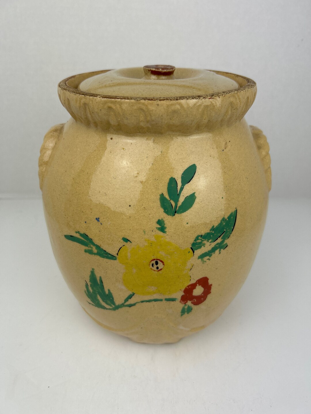 Vintage Painted Glazed Crock Cookie Jar With Lid. Light Gold Color With ...