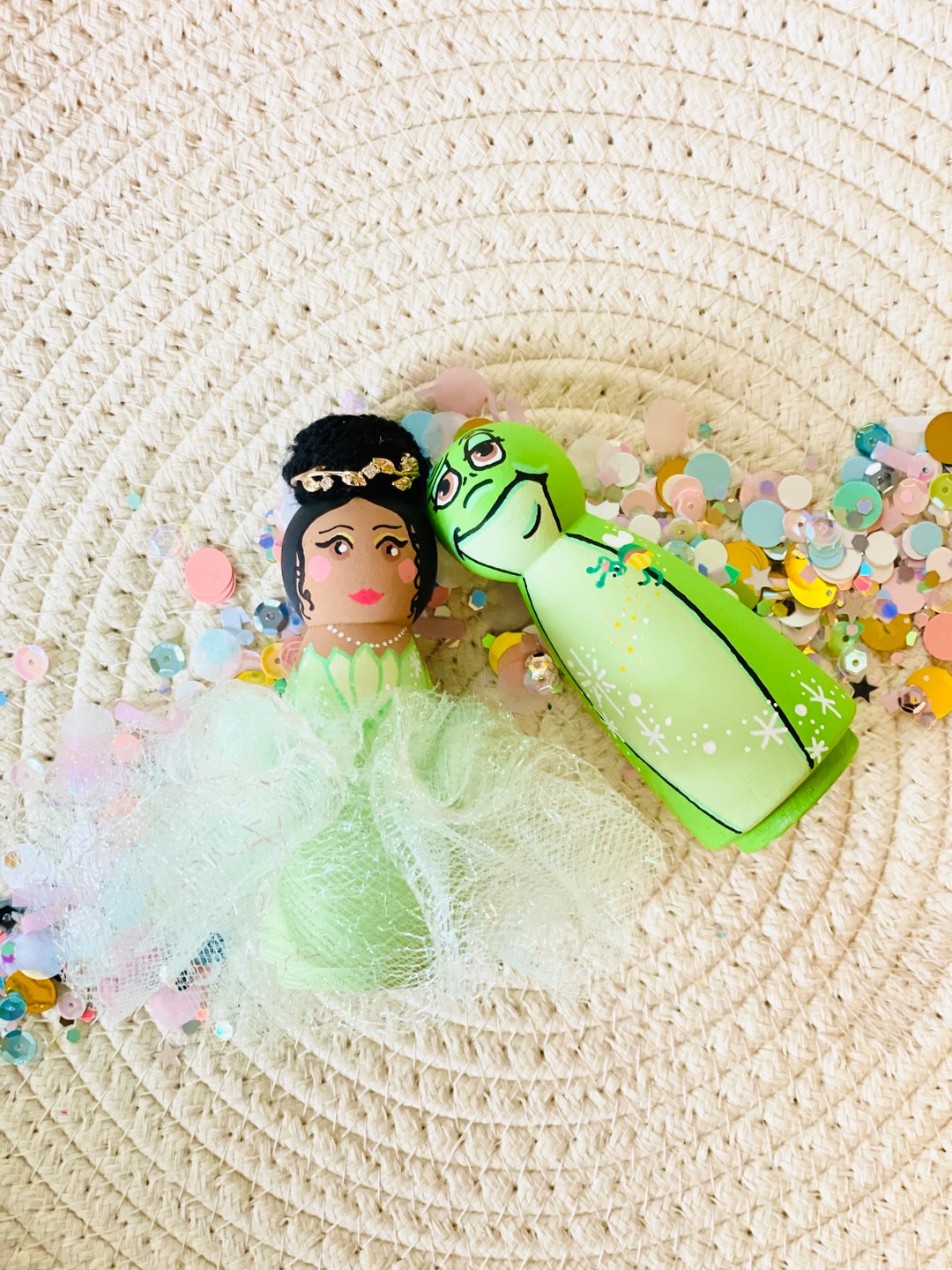 Princess & the Frog Peg Doll Set of 2 Heirloom Tiana Peg Doll, Prince ...