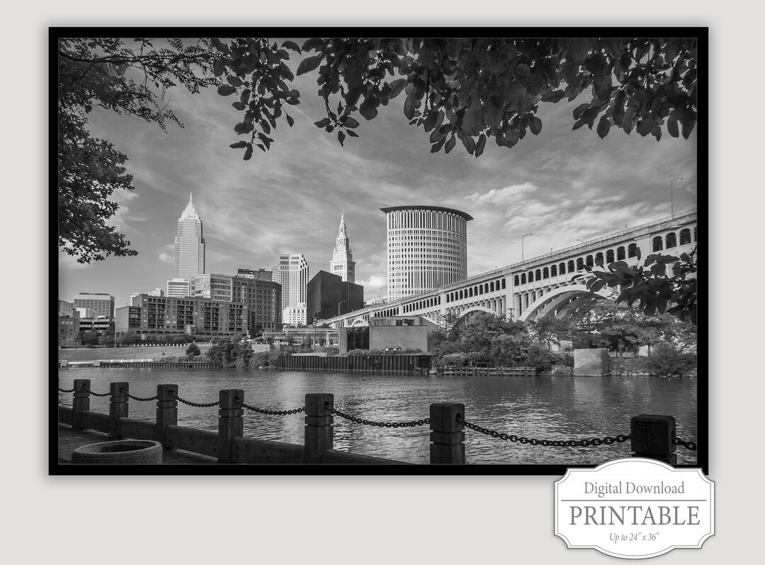 Cleveland Skyline Printable Download, Cleveland Riverview Cityscape ...