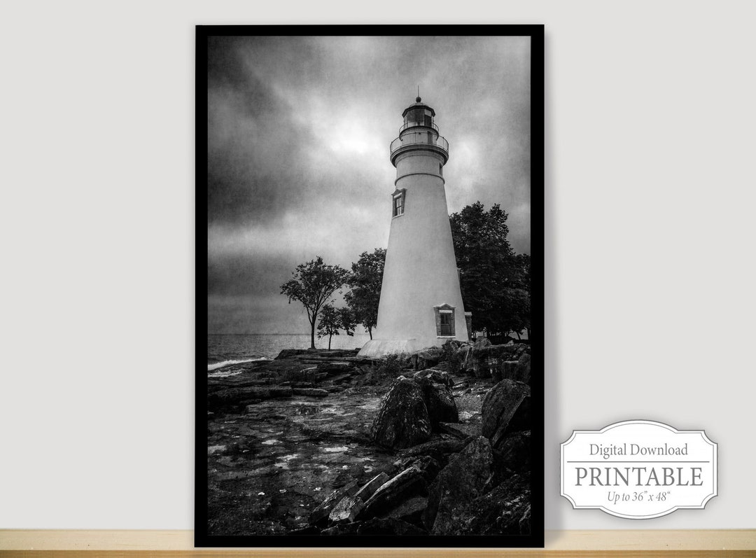 Marblehead Lighthouse Print: Black & White Ohio Landscape (digital ...