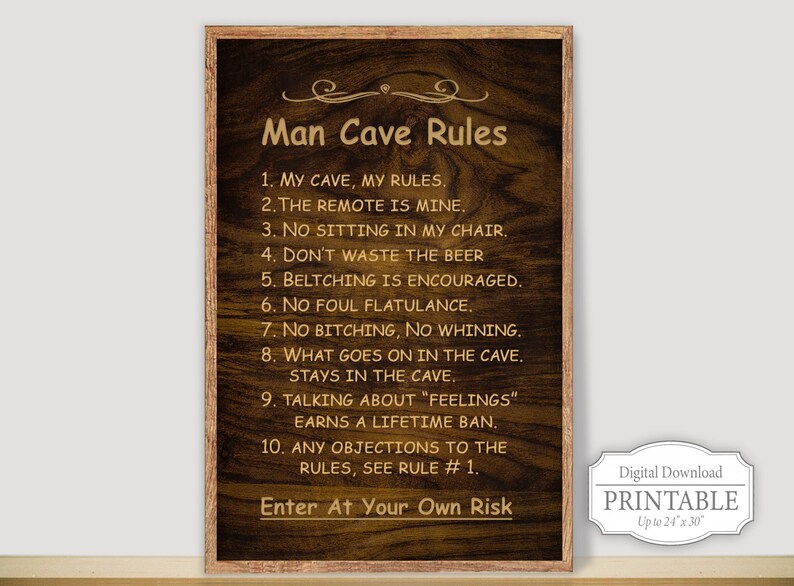 Printable Man Cave Rules Sign, Bar Wall Art Digital Download, Man Cave ...