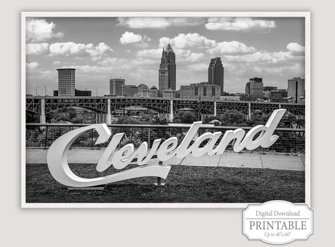 Cleveland Skyline Print: Tremont Script Sign, Cityscape View (digital ...