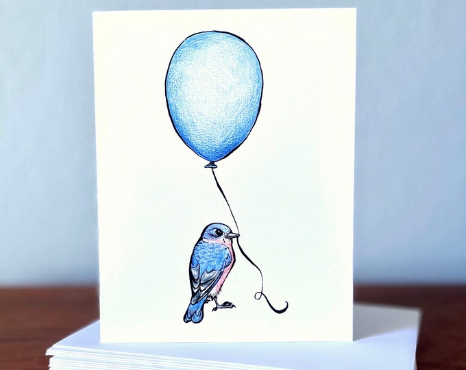 Greeting Card of Original Artwork, Bluebird With a Blue Balloon, 4.25x5 ...