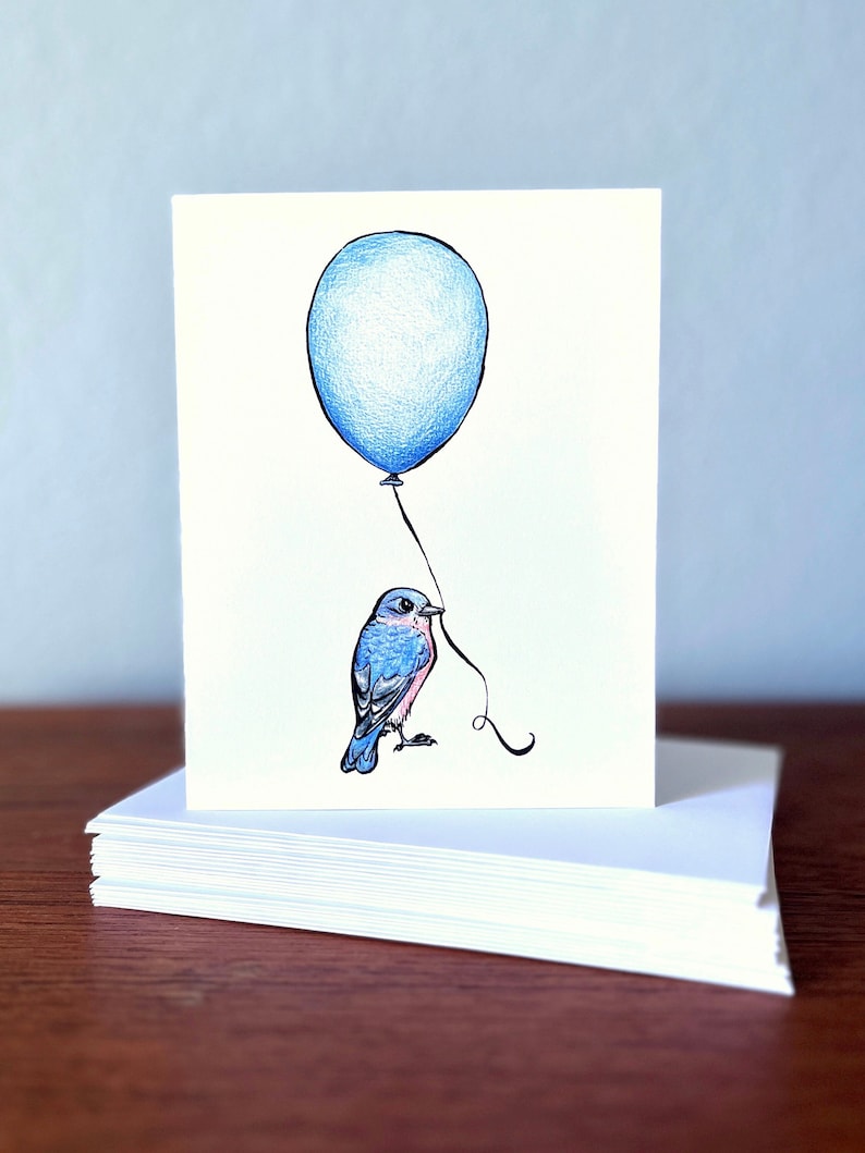 Bluebird and Balloon Greeting Card, Original Art, Hand Lettered Option ...