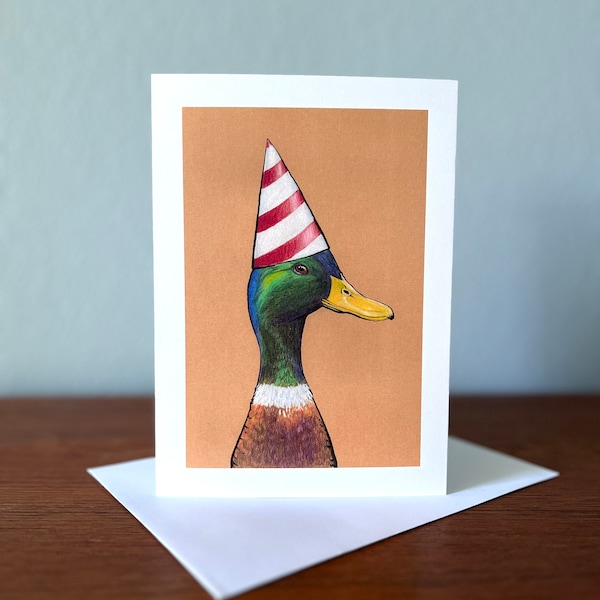 Greeting Card of Original Artwork, Mallard Duck With Party Hat, 5x 7 ...