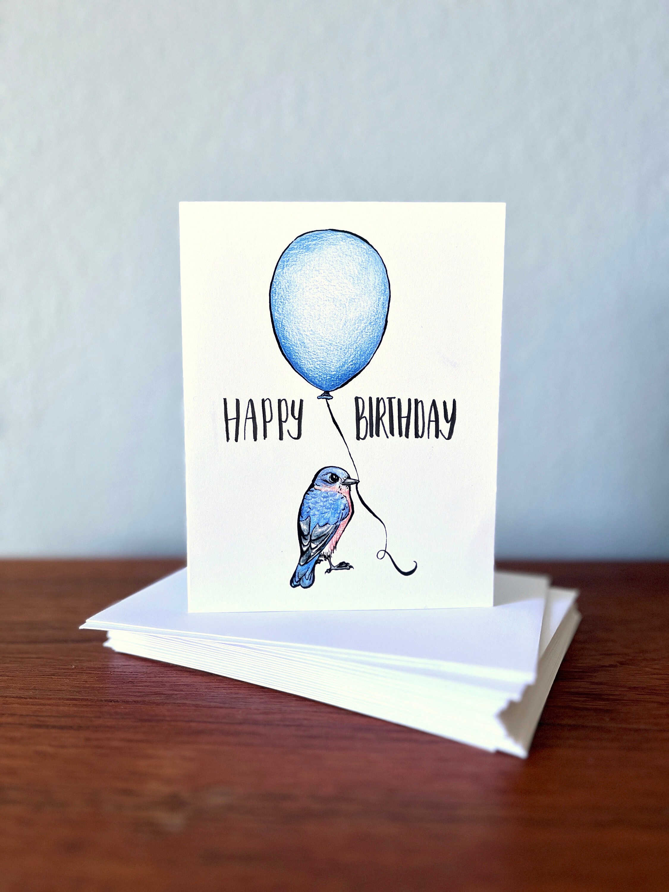 Greeting Card of Original Artwork, Bluebird With a Blue Balloon, 4.25 ...