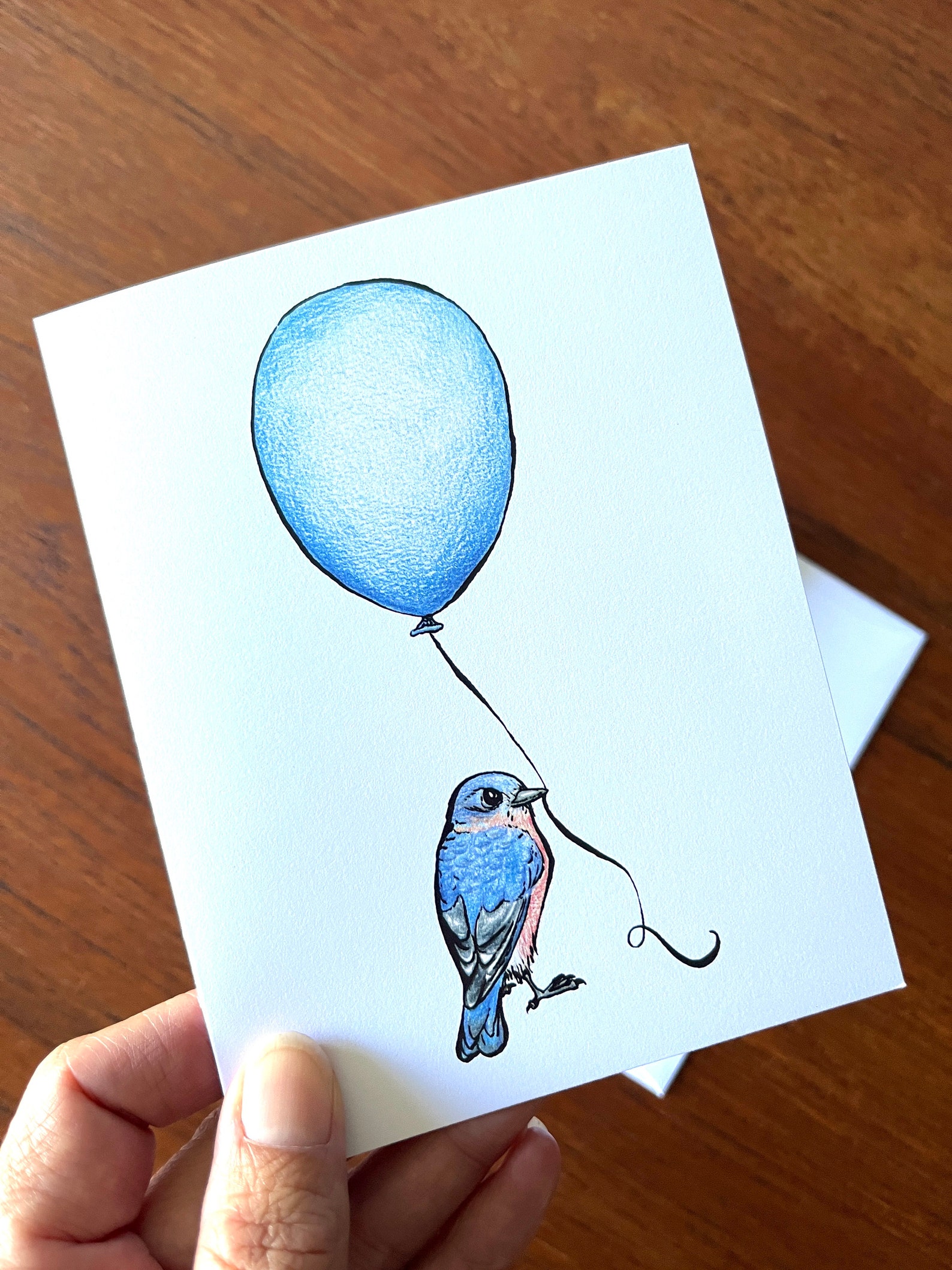 Greeting Card of Original Artwork, Bluebird With a Blue Balloon, 4.25 ...