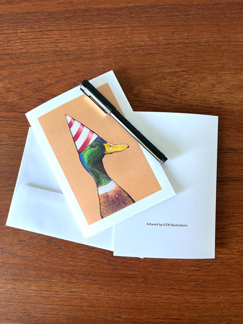 Greeting Card of Original Artwork, Mallard Duck With Party Hat, 5"x 7 ...