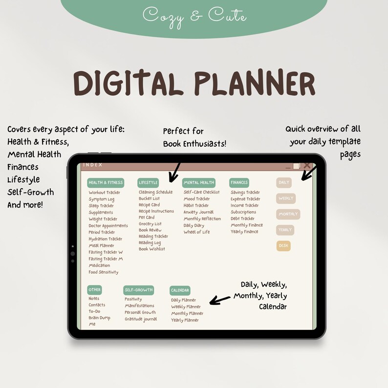 Cozy Digital Goodnotes Life Planner Interactive Desk Cute Boho Undated ...
