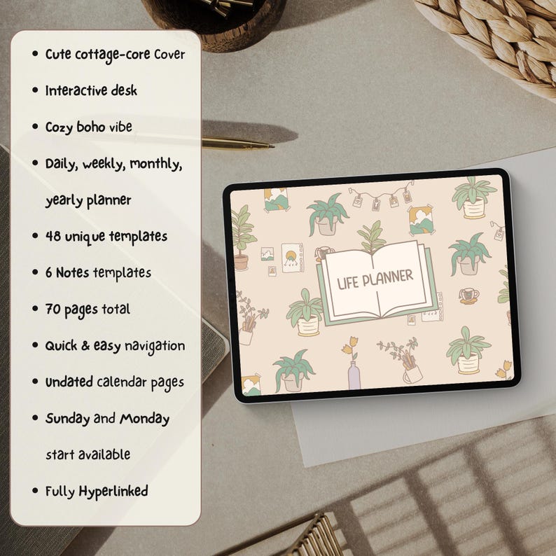 Cozy Digital Goodnotes Life Planner Interactive Desk Cute Boho Undated ...