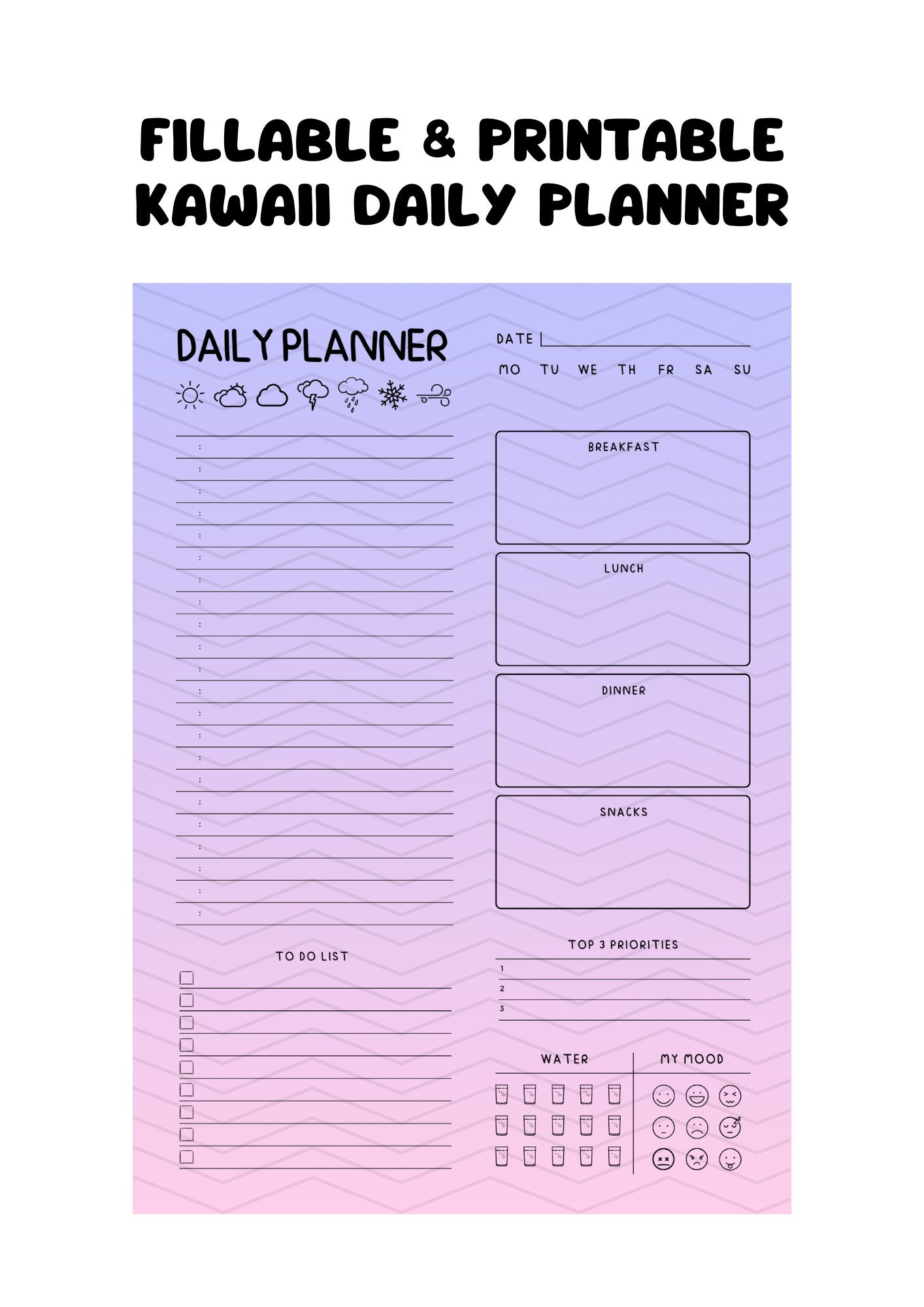 Kawaii Daily Planner Printable Fillable PDF Minimalist Instant Digital ...