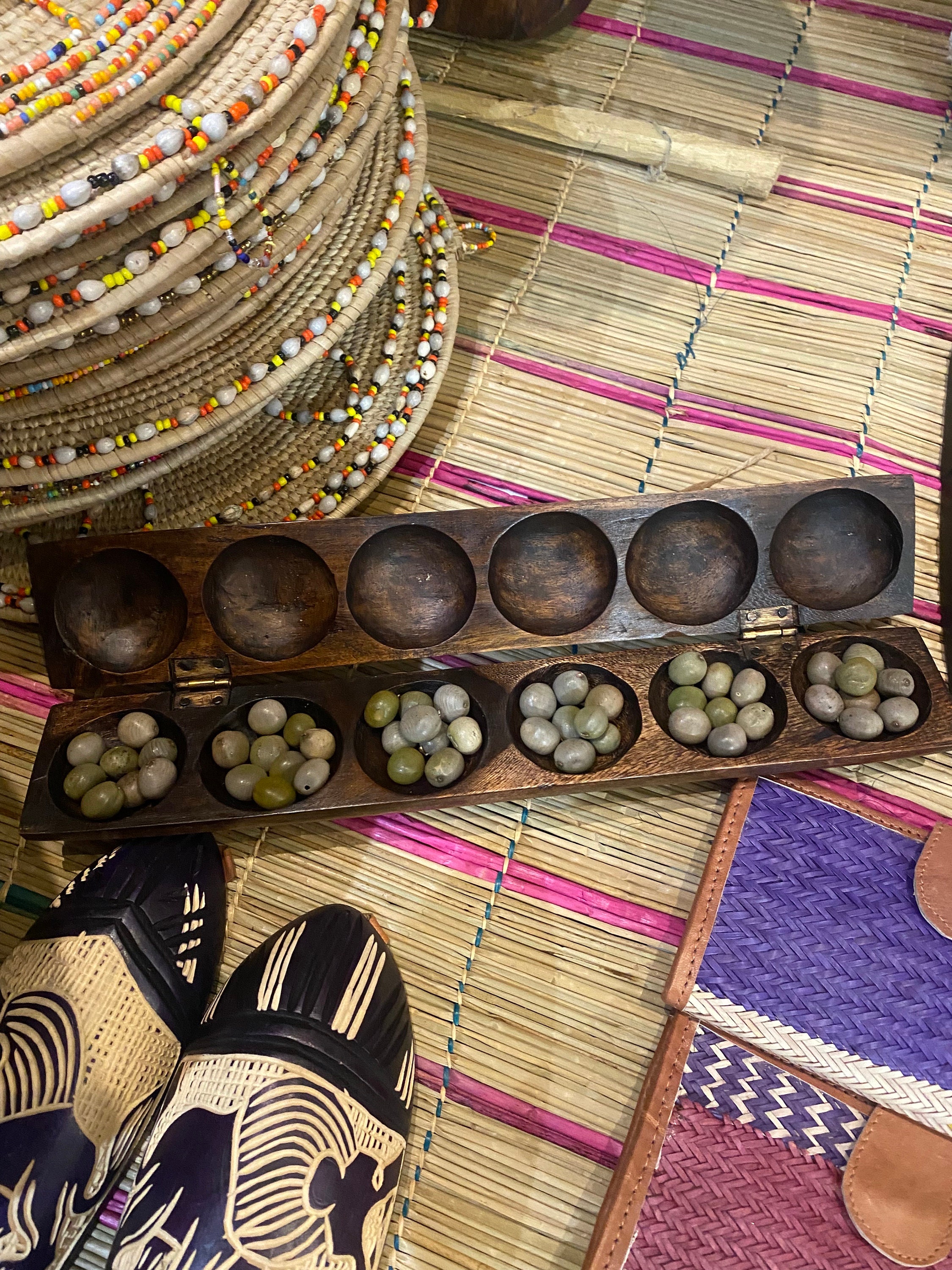 African Mancala Game Ncho Local Solitaire Game Handcarved Wooden Box ...