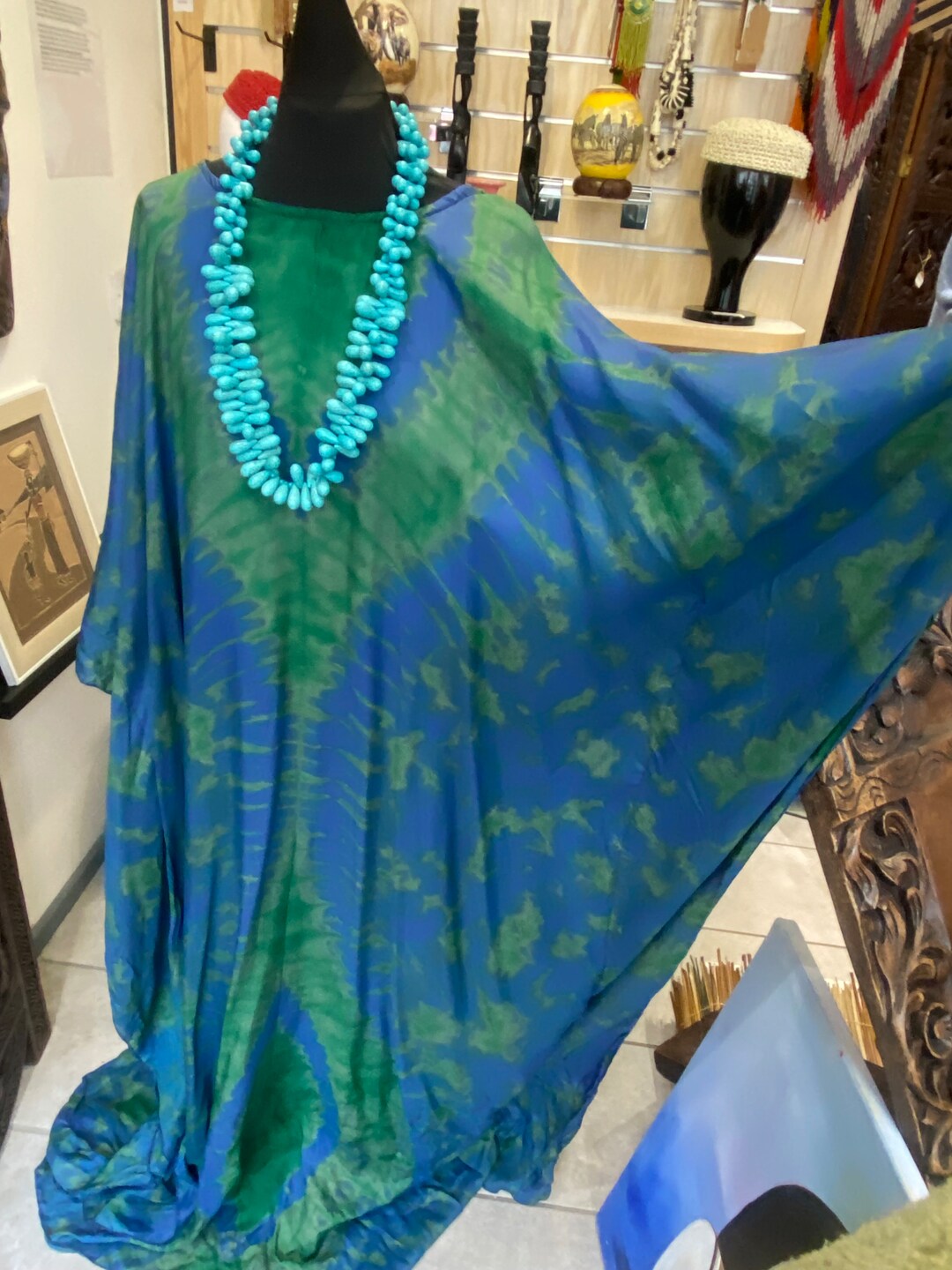 Womens Green Blue Boubou Kampala Pullover Kaftan Dress Tie Dye Pattern ...