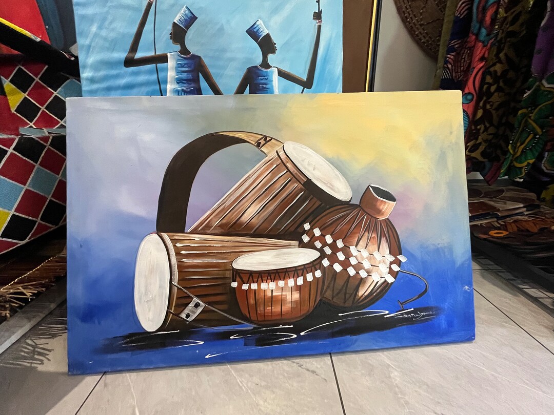 Big Blue Canvas Featuring a Trio of African Drums. Wall and Home Decor ...