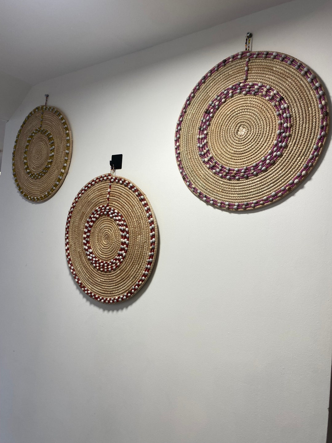 African Set of 3 Raffia Beaded Table Mat/ Wallhanging Handmade Home ...
