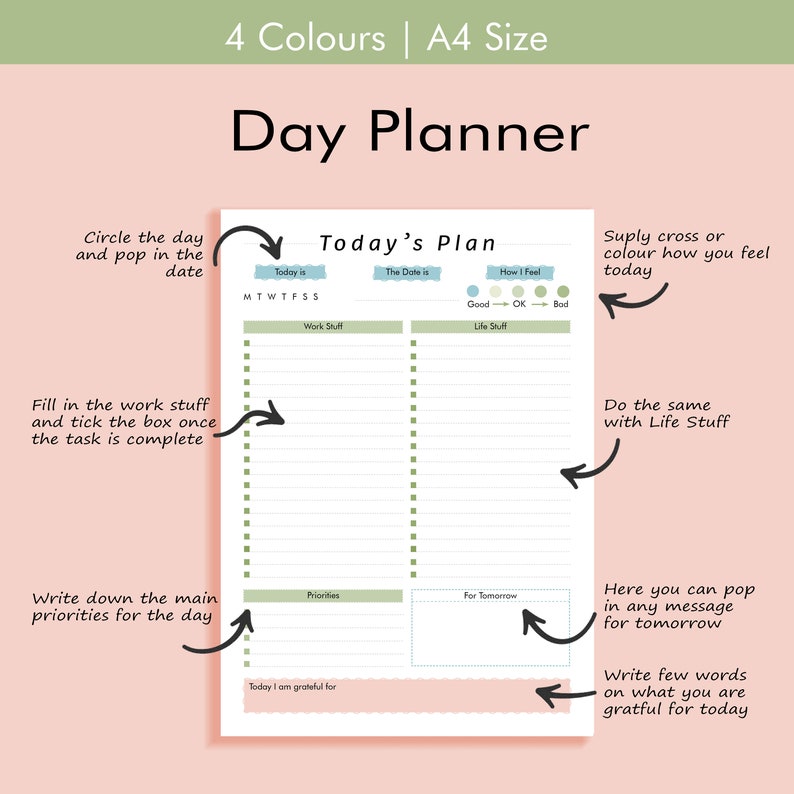 PRINTABLE Day Planner A4 Size Minimalist Green Design to - Etsy UK