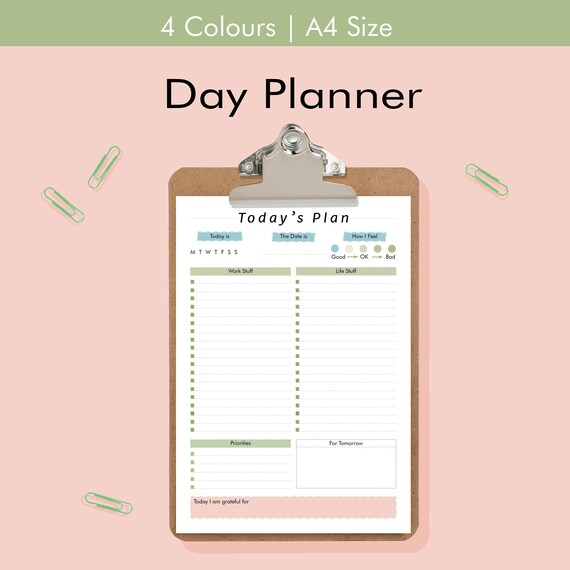 PRINTABLE Day Planner A4 Size Minimalist Green Design to | Etsy UK