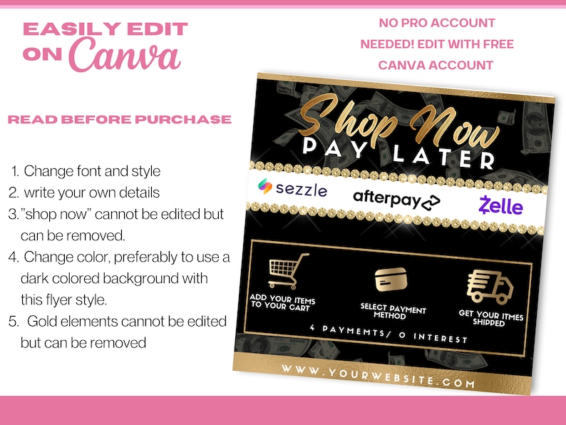 Shop Now Pay Later Flyer Template: Sezzle, Zelle, Afterpay (canva ...